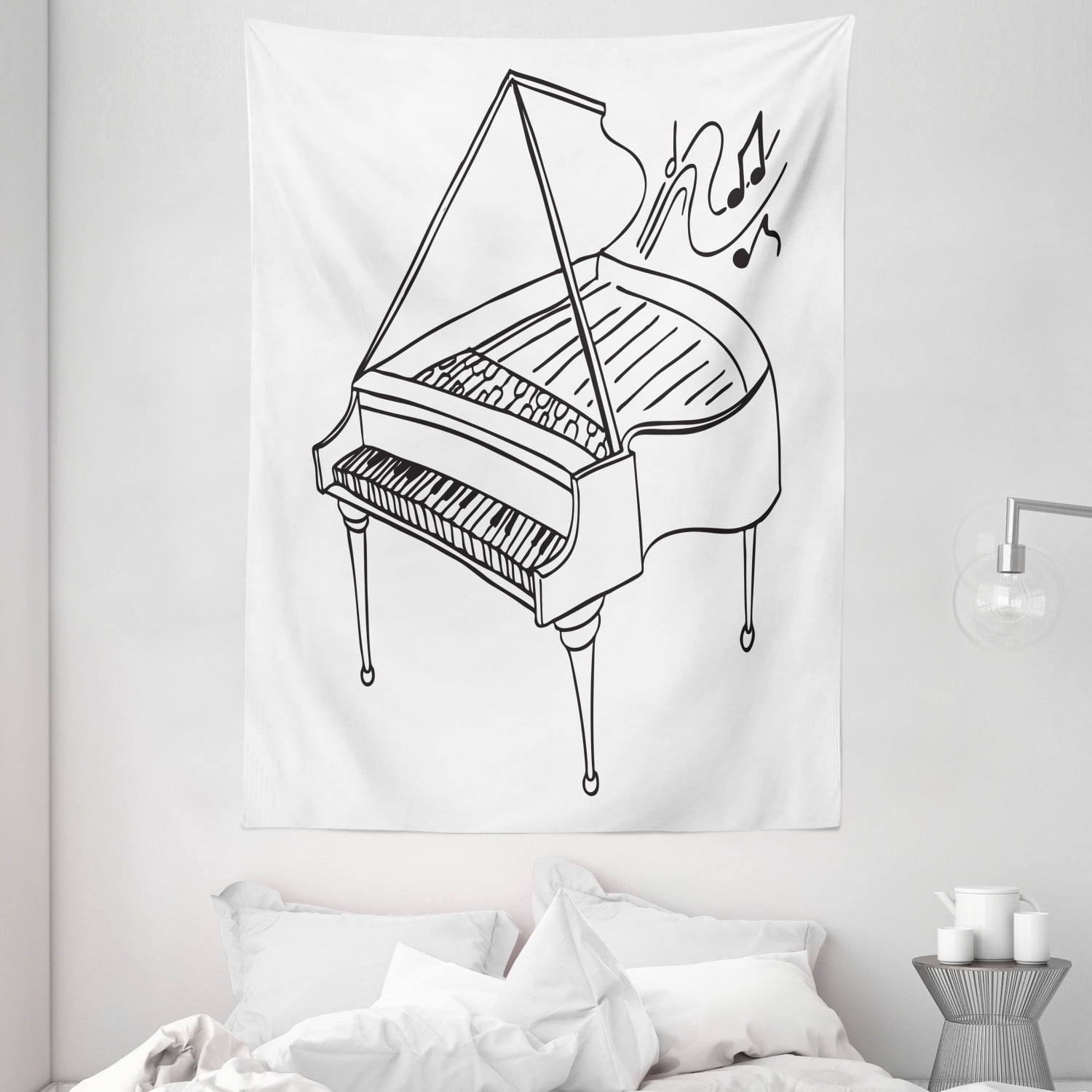 Music Note Tapestry, Monochrome Style Outline Drawing of a Piano on a ...
