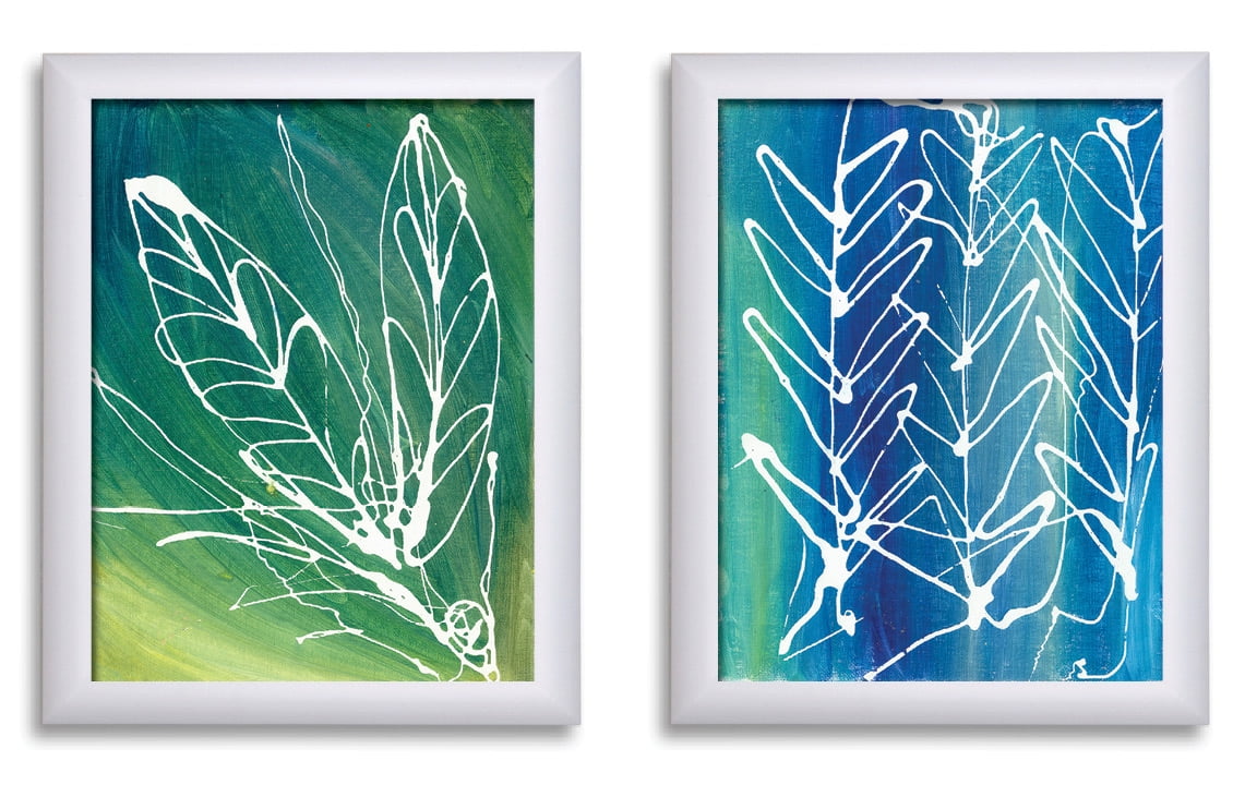 Beautiful Blue Teal and Green Leaf Void Set; Two 11x14in White Framed ...