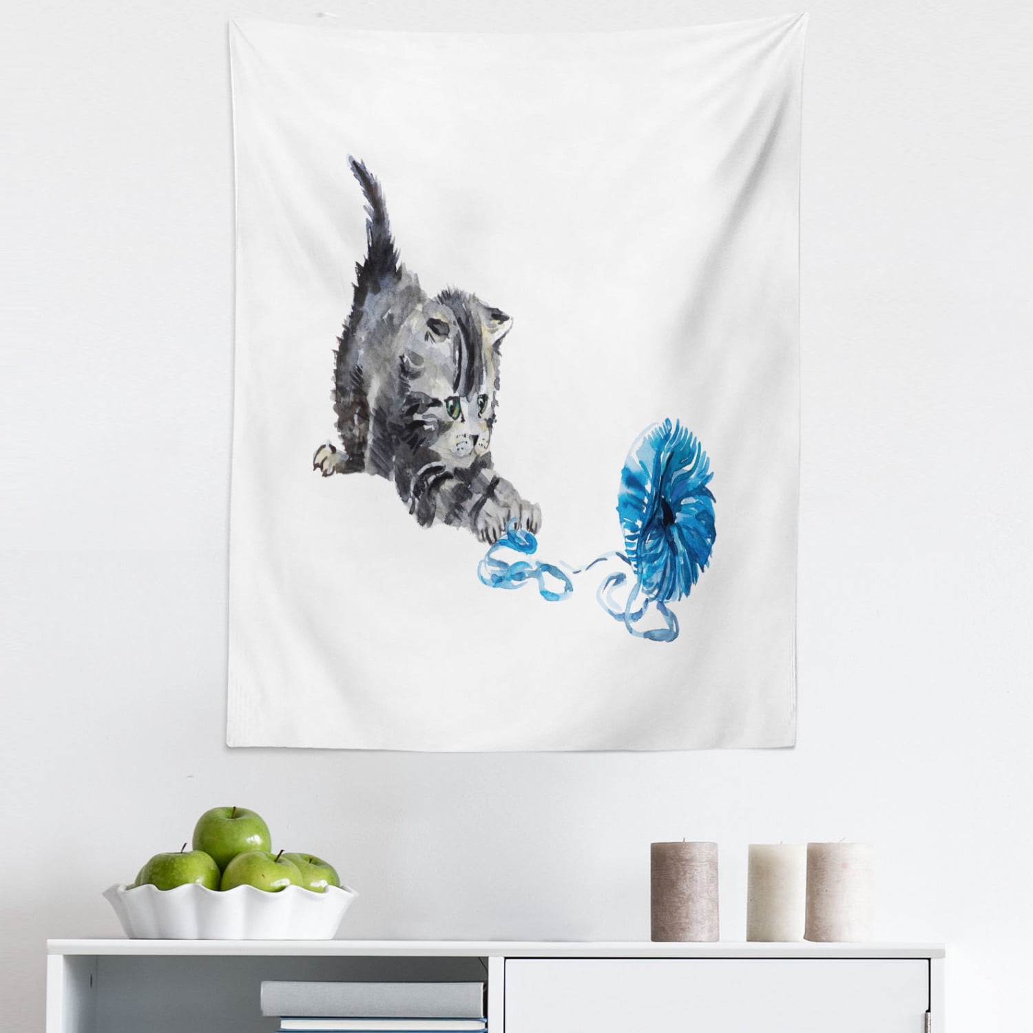 Cat Tapestry, Playful Kitten with Ball of Yarn Furry Animal Domestic ...