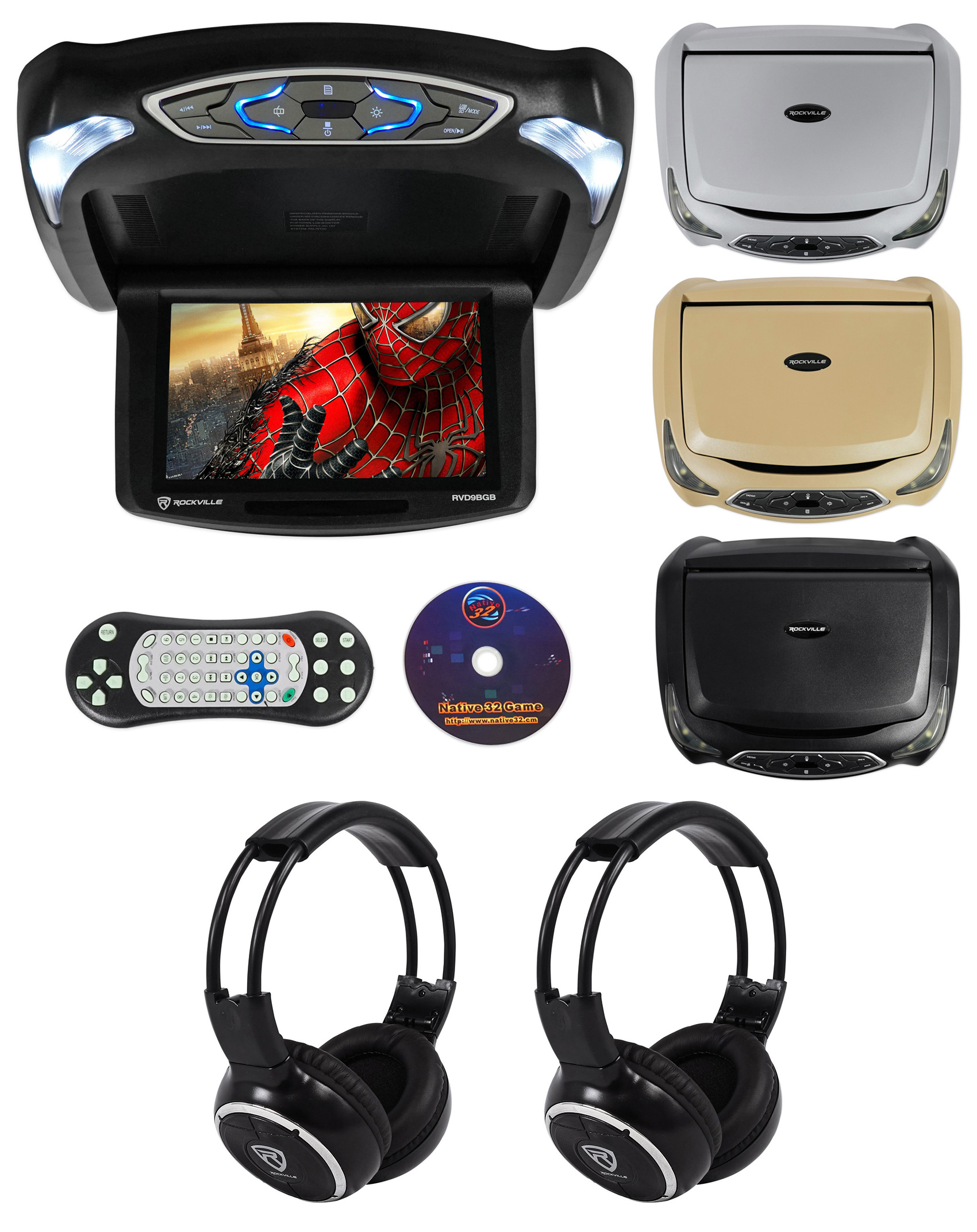 Rockville RVD9BGB Black/Grey/Beige 9" DVD Flip Down Car Monitor, HDMI ...