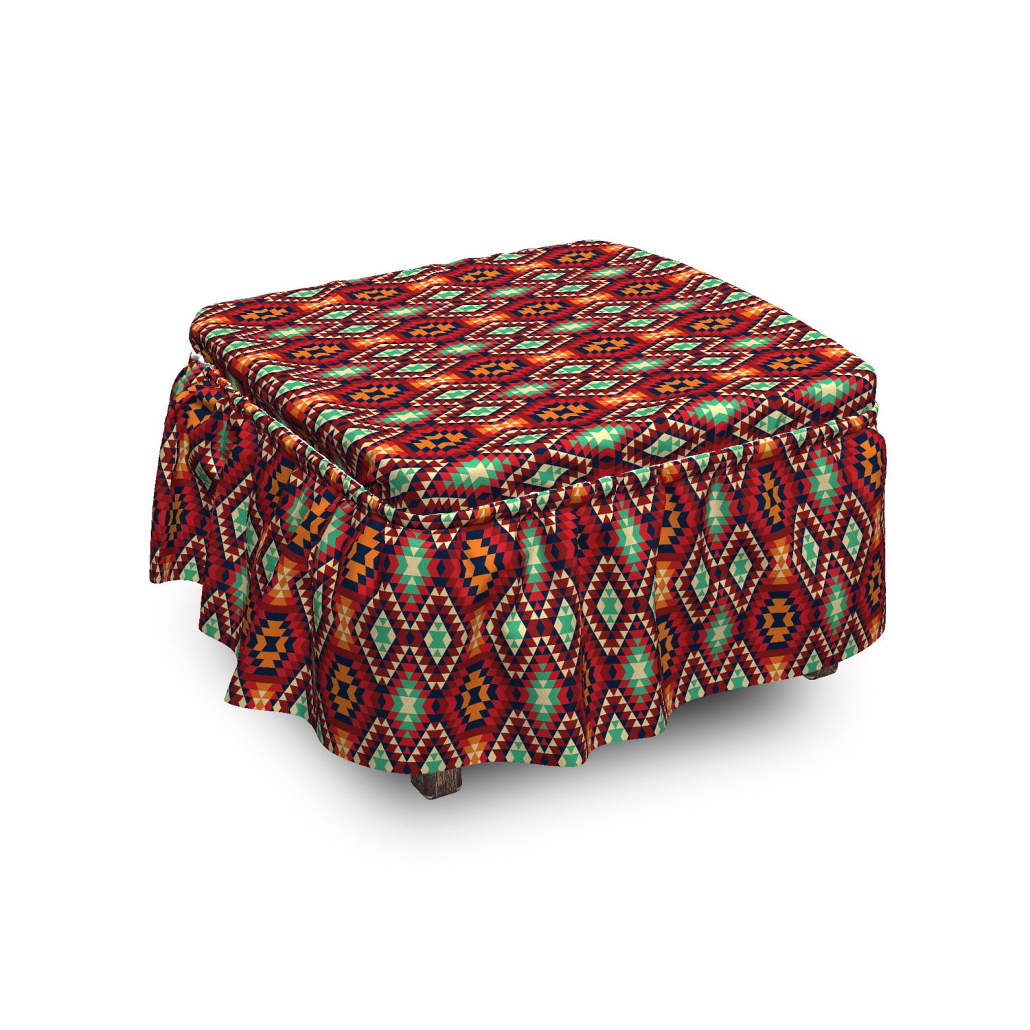 Tribal Ottoman Cover, Diamond Form Tiles, 2 Piece Slipcover Set with ...
