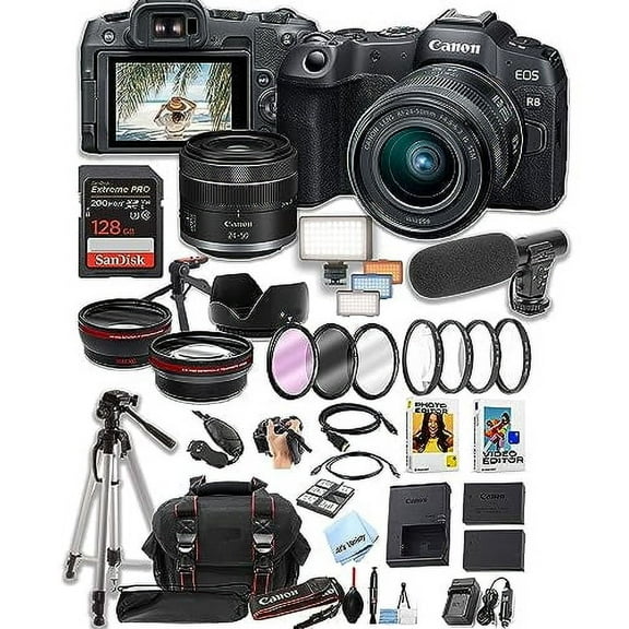 Canon EOS R8 Mirrorless Camera with 24-50mm Lens + 128 GB Memory + Hood ...
