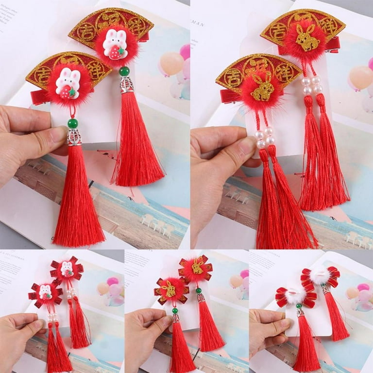 Chinese New Year Hair Clips for Kids Red Hair Accessories Chinese Traditional Tassel Hairpin Red Fringed Ribbon Flowers Hairpins Baby Girl Hair