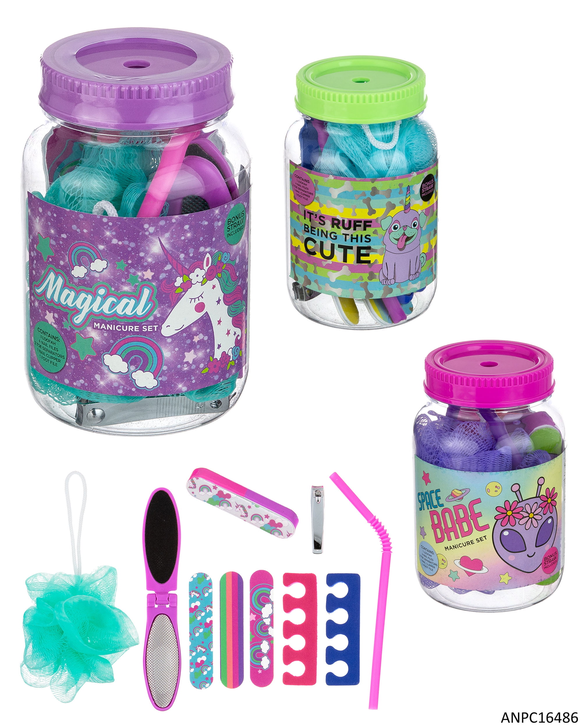 Manicure mason jar set includes 1 loofah,4 nail files, 2 toe separators ...