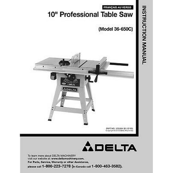 Instruction Manual ONLY for Delta 36-540 36-545 10" Motorized Bench Saw ...