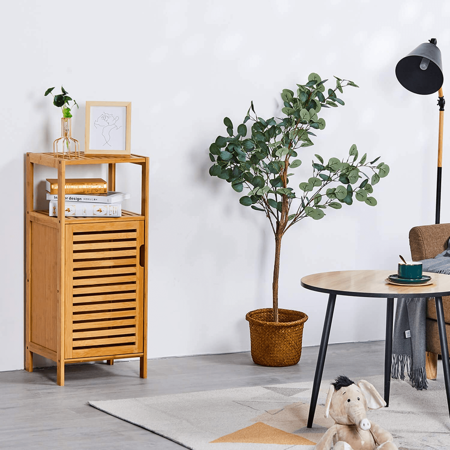 Bamboo Free-Standing Corner Storage Cabinet with Door and Shelf,Wooden ...