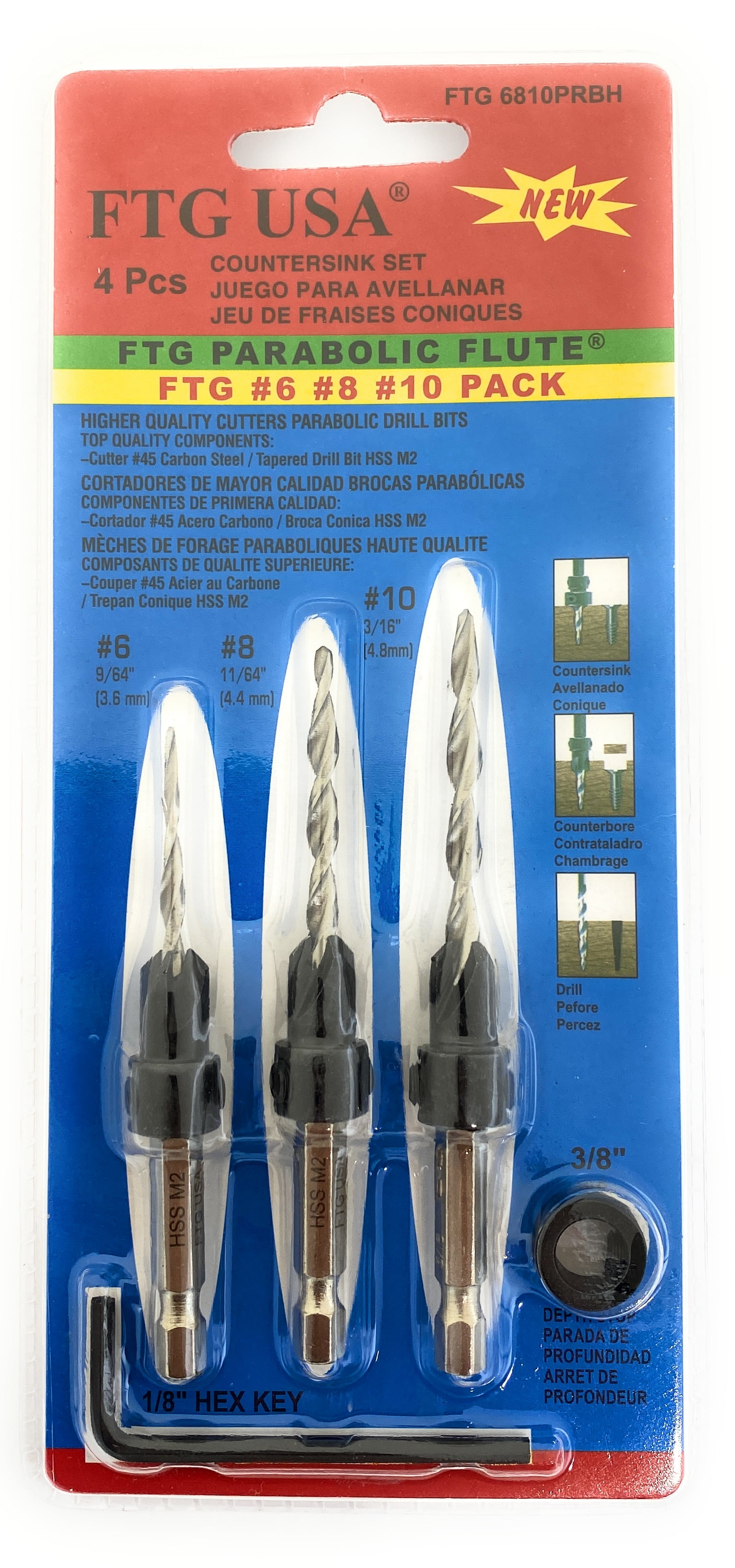 FTG USA Countersink drill bit set #6#8#10 Parabolic Flute Countersink ...