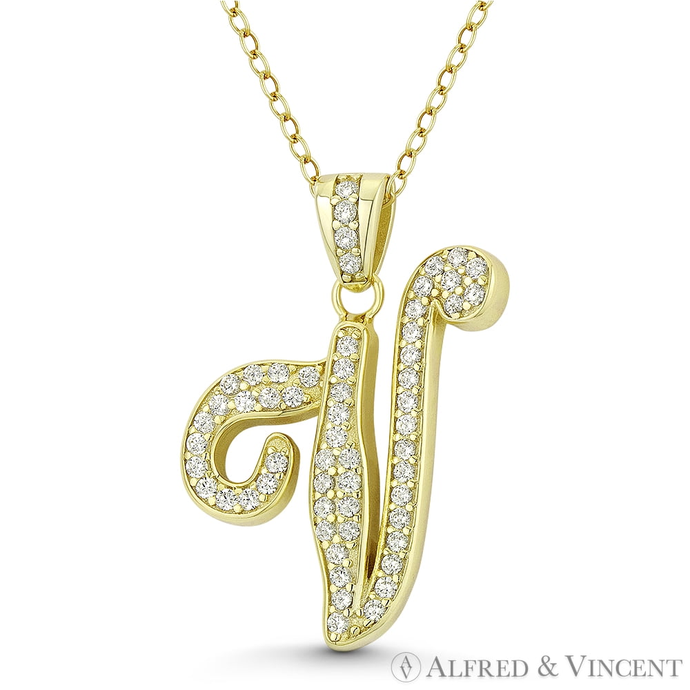 Initial Letter "V" Cursive Script Cubic Zirconia Crystal Pendant in ...