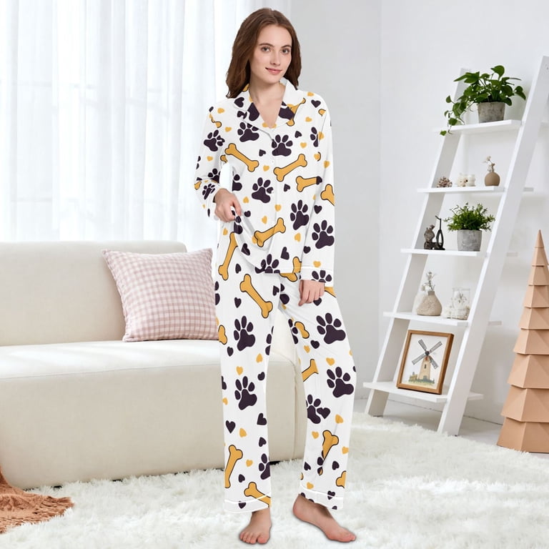 Bone Black Footprint Pattern Women Pajama Set Soft Notch Collar Button ...