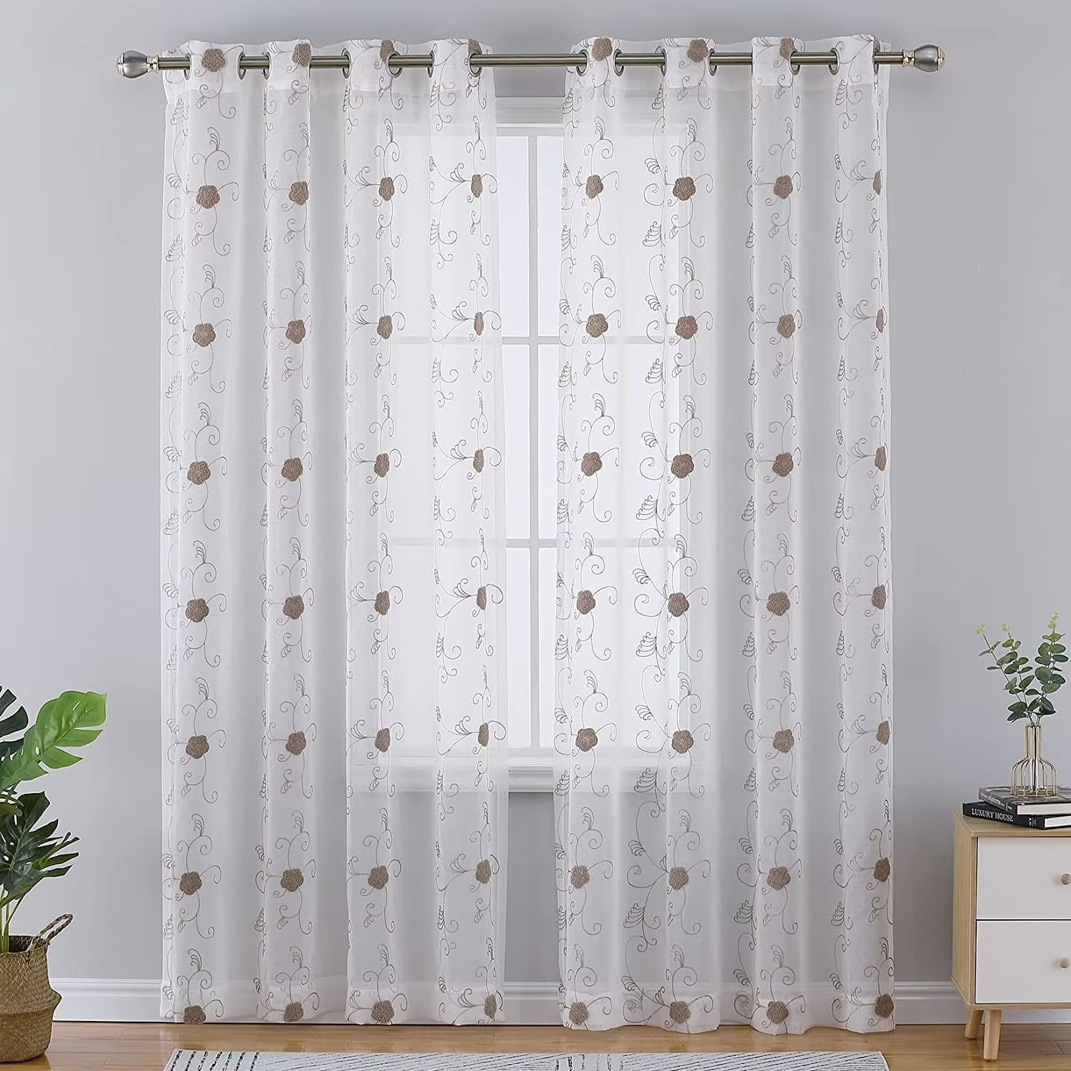 Haperlare 72 inch Sheers for Windows Curtains, Floral Embroidered Semi ...