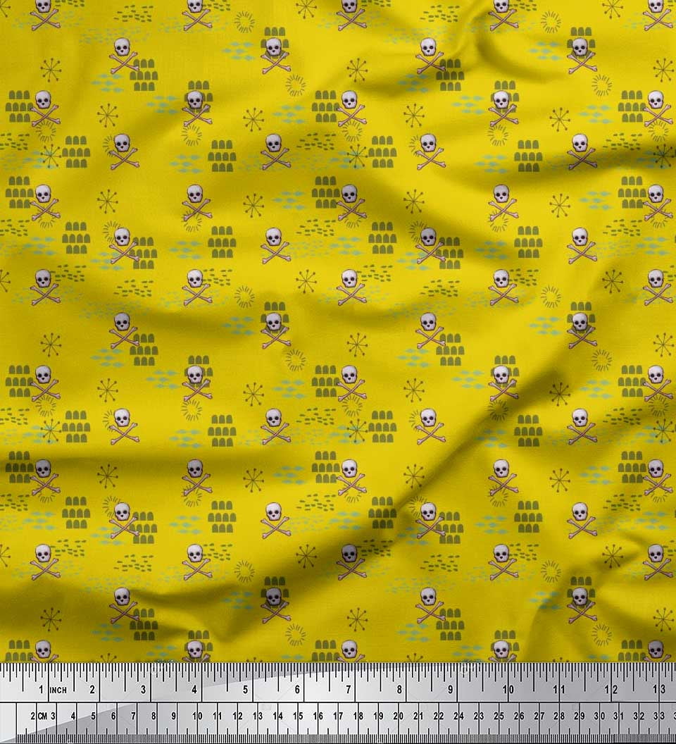 Soimoi Yellow Rayon Fabric Crossbone & Skull Halloween Print Fabric by ...