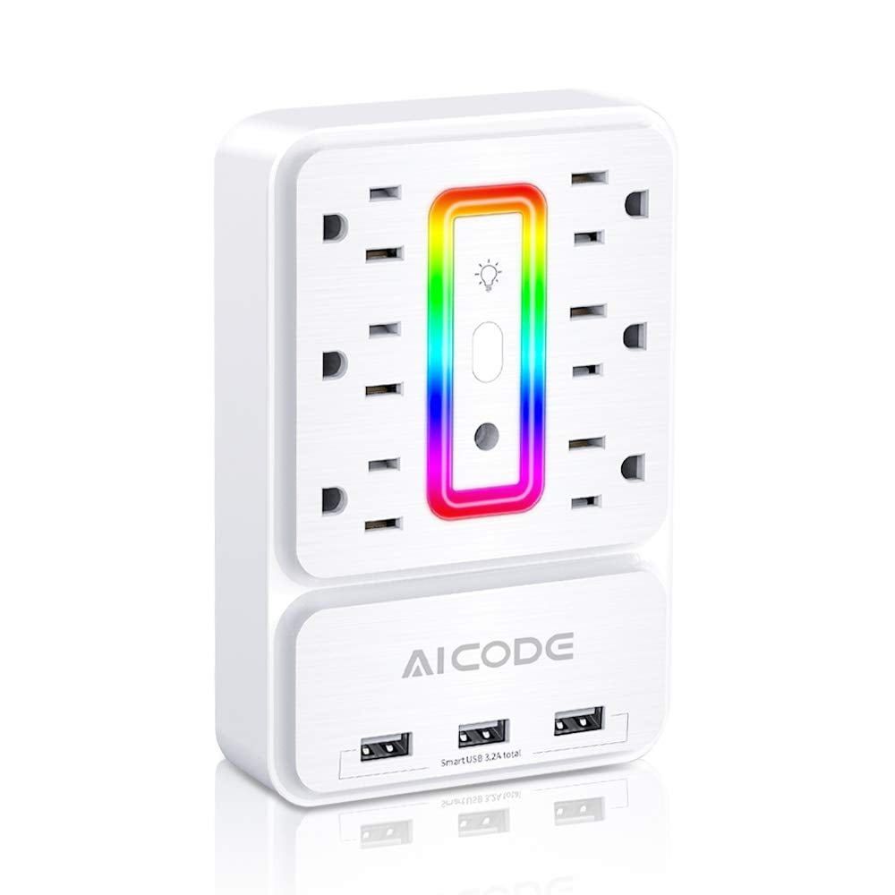 AICODE Extensor de toma de corriente múltiple, protector contra sobretensiones de 6 tomas con 3 ...