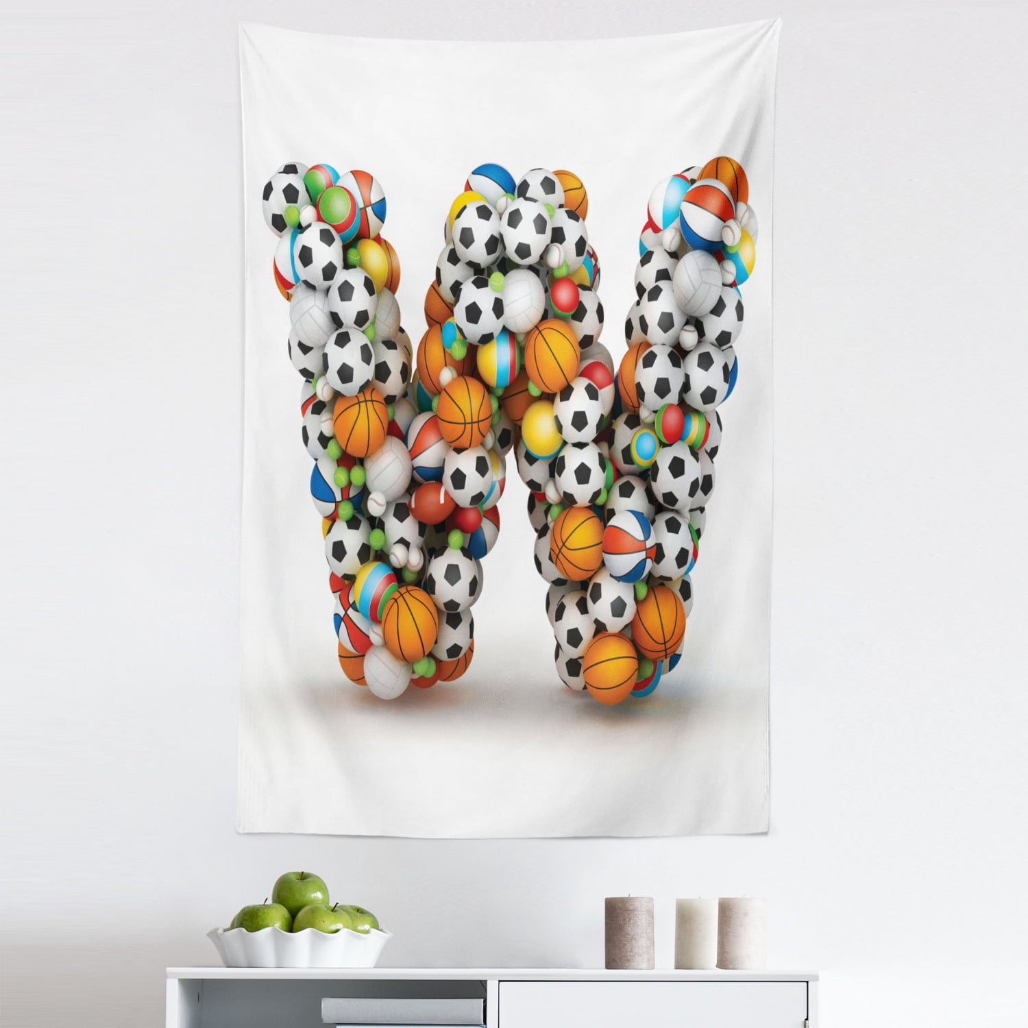 Letter W Tapestry, Sports Themed Typography Alphabet with Various Balls ...