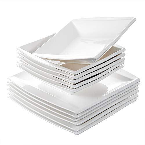 MALACASA Square Ivory White Dinner Sets, 12 Pieces Porcelain Dinnerware ...
