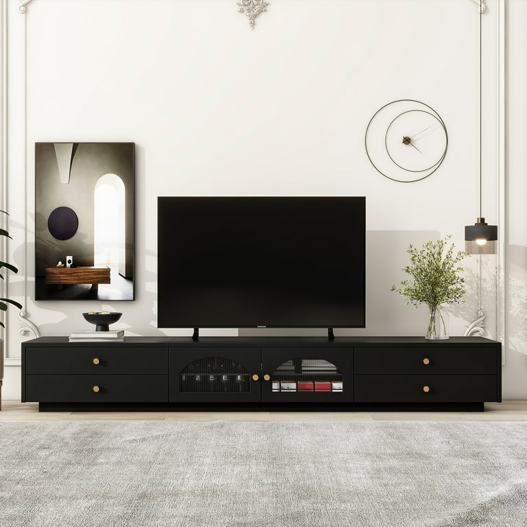 Churanty Modern TV Stand for 90 TV Extra Long TV Console with 2 Doors 4 Drawers Large Media Cabinet Entertainment Center with Fluted Glass Doors