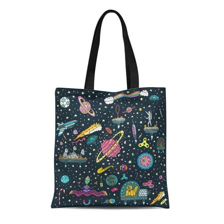 JSDART Canvas Bag Resuable Tote Grocery Shopping Bags Pattern Aliens Stars Planets Spaceships ...