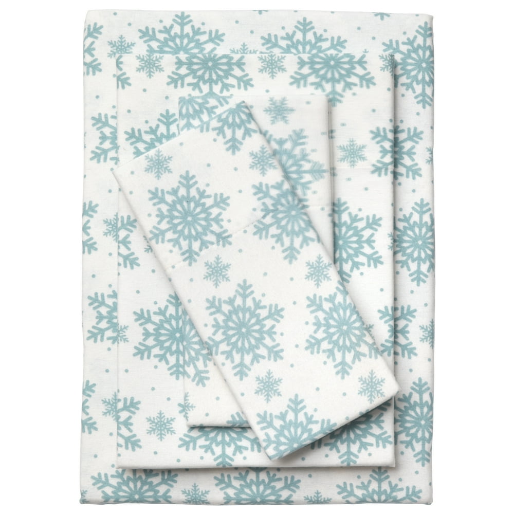 BrylaneHome Cotton Flannel Print Sheet Set - Queen, Soft Blue Snowflake ...