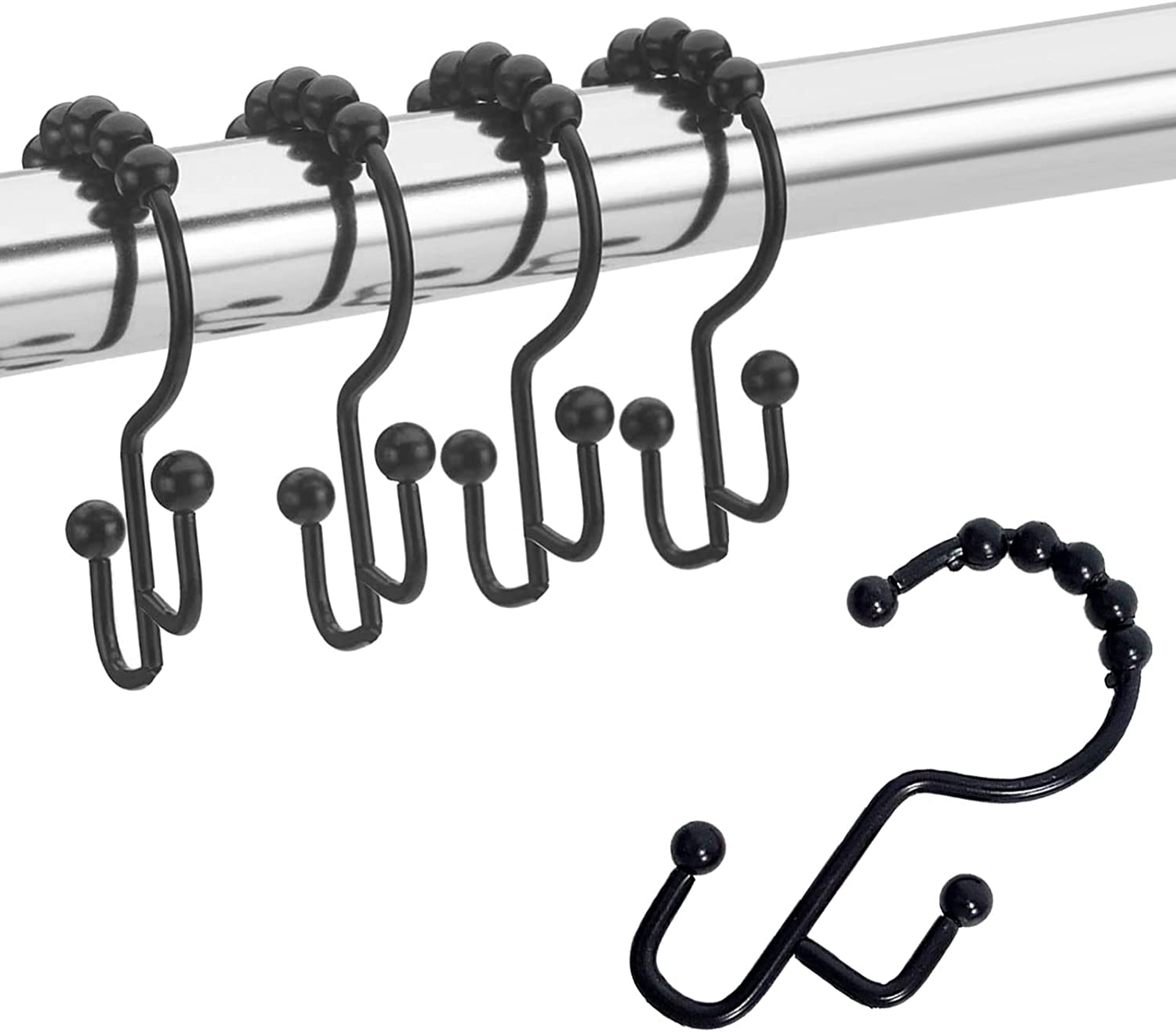 Double Shower Curtain Hooks, Stainless Steel Rust Resistant Easy Glide ...