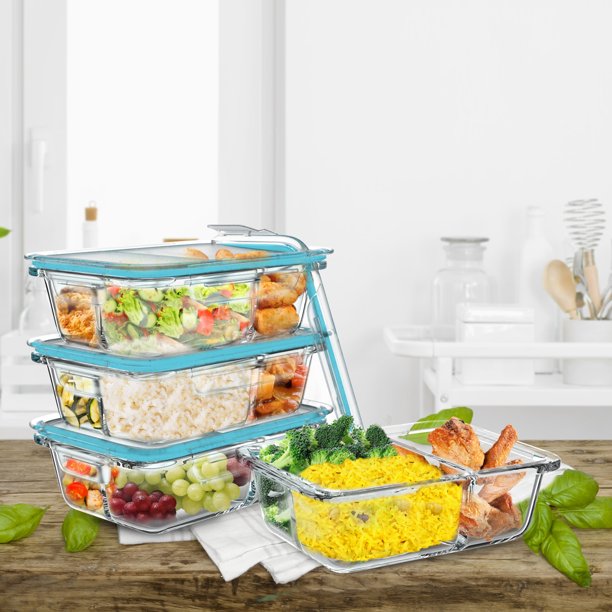 Glass Food Storage Containers-4 Three Compartment Portion Control Meal ...