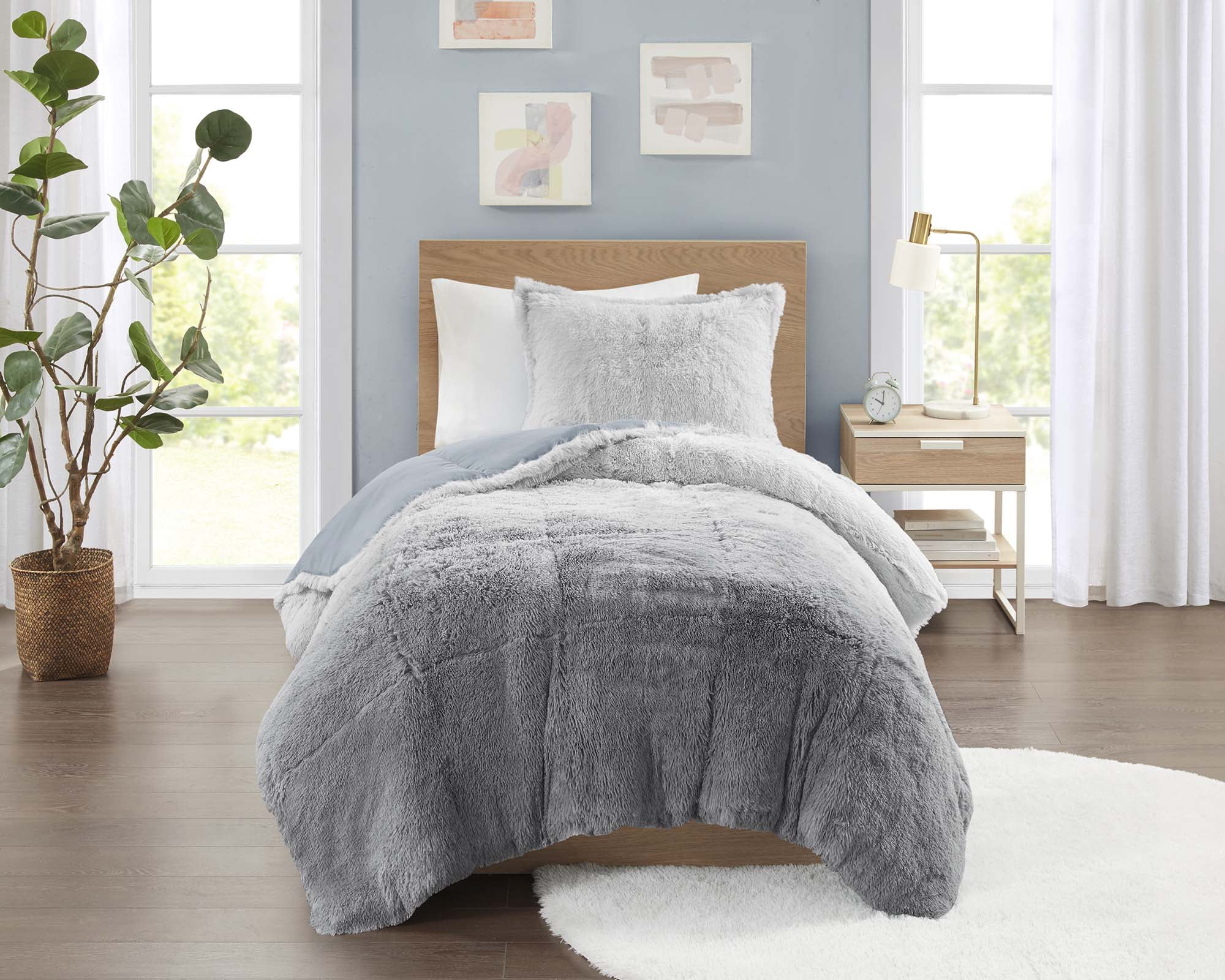 Mainstays Shaggy Faux Fur 2 Piece Grey Comforter Bed Set, Comforter and ...