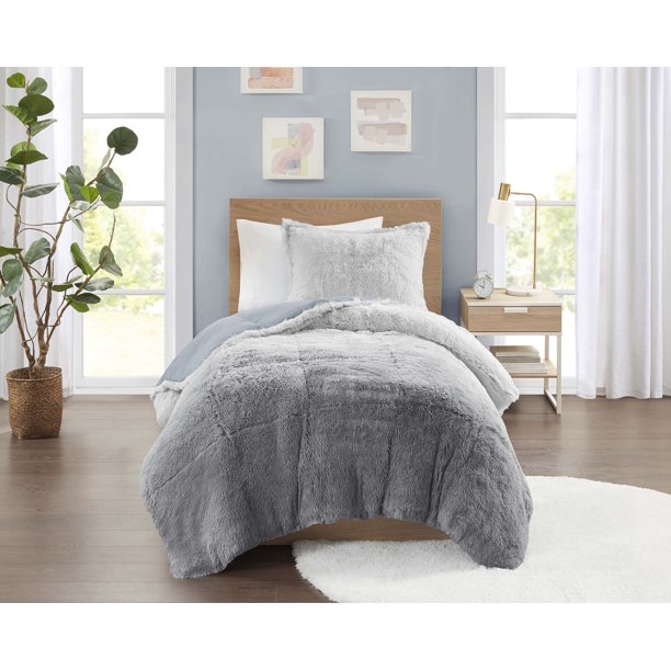 Mainstays Shaggy Faux Fur 2 Piece Grey Comforter Bed Set, Comforter and ...