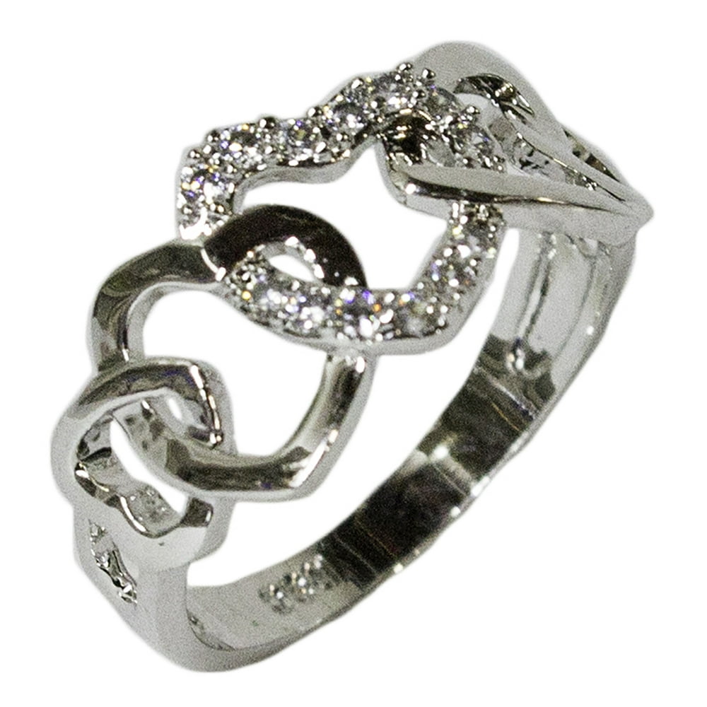 RS Covenant - Women's Rhodium Plated Dress Ring Interlocking Hearts CZ ...