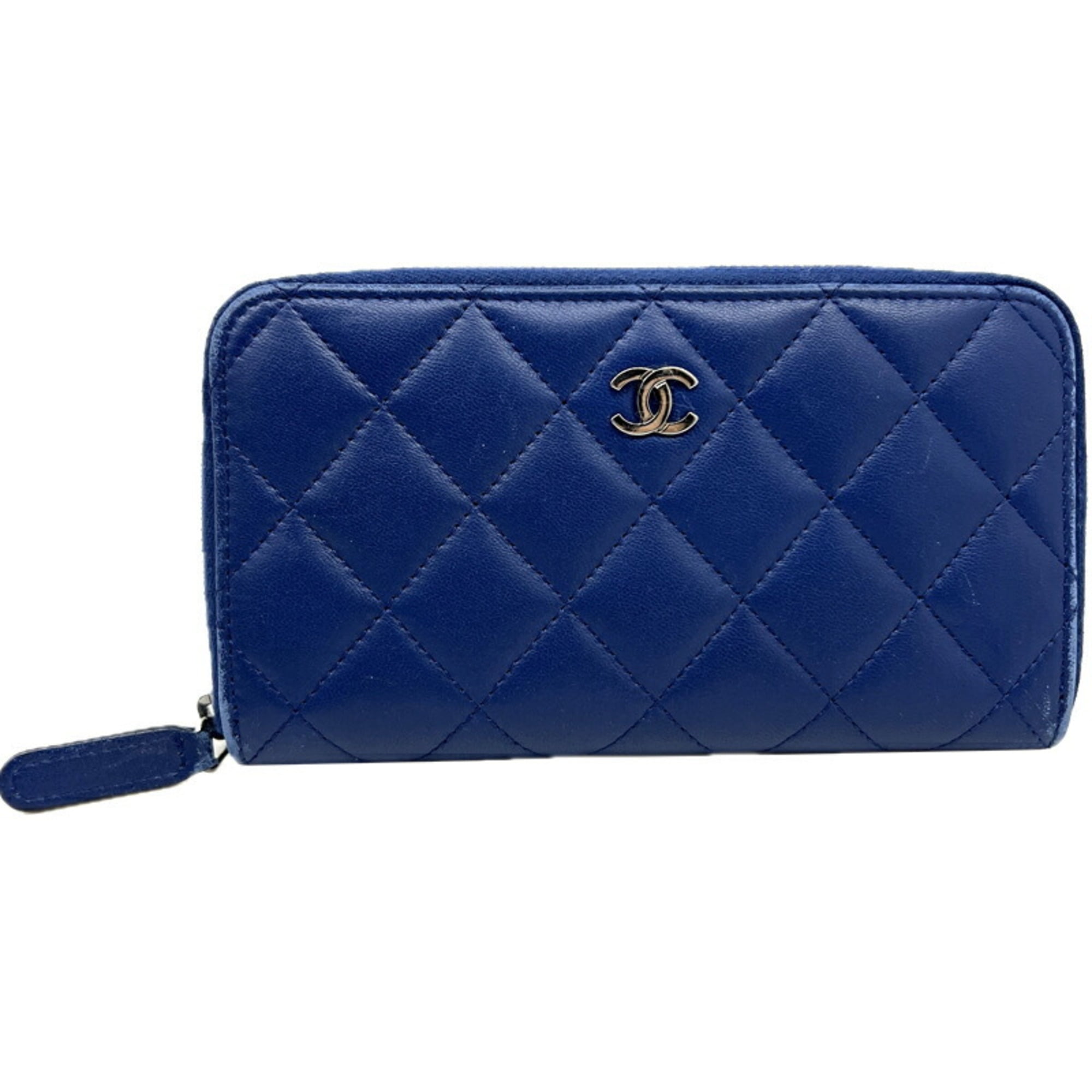 Pre-Owned CHANEL Chanel Medium Wallet Blue Lambskin Silver Billfold ...