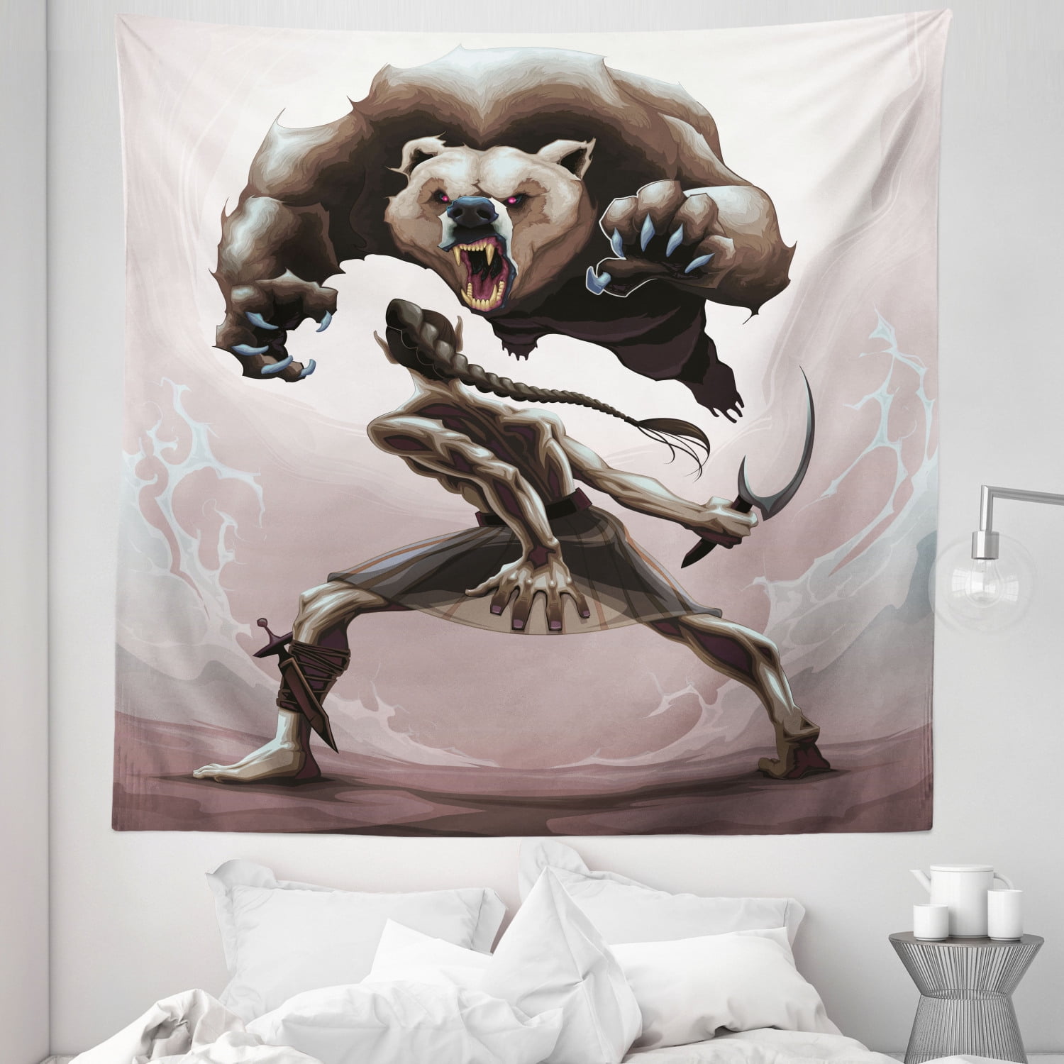 Bear Tapestry, Mythological Scene Concept of an Elf and Angry Bear ...