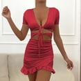 Aeguzox Dresses for Women Deep V-Neck Short Sleeve Cut-Out Tie-Front ...