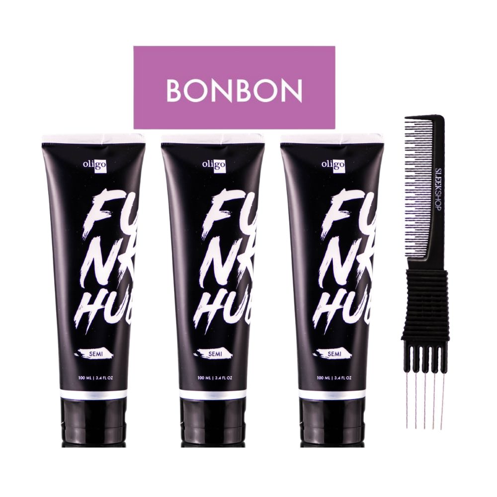 OLIGO Pro FunkHue Semi-Permanent Color Bonbon (3.4 oz) with SLEEKSHOP Teasing Comb Pack of 3 ...