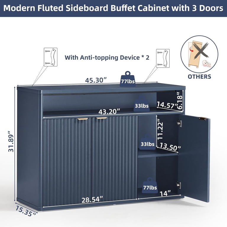 45-inch Wide Fluted Buffet Cabinet with 3 Doors and Open Shelf, Modern ...