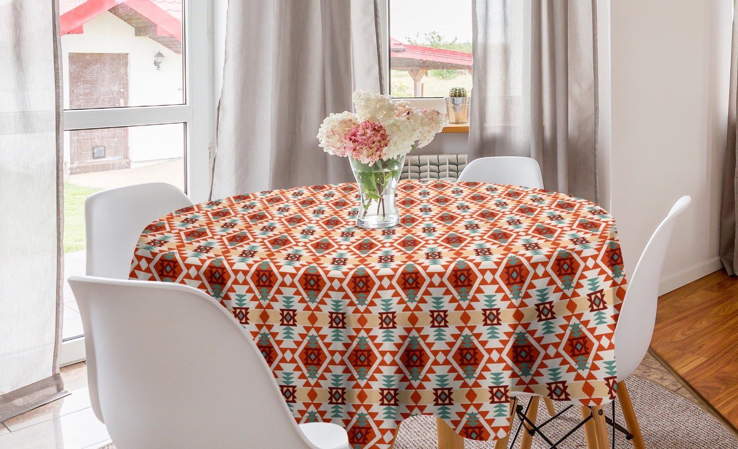 Tribal Round Tablecloth, Prehistoric Traditional Aztec Folk Motif with ...