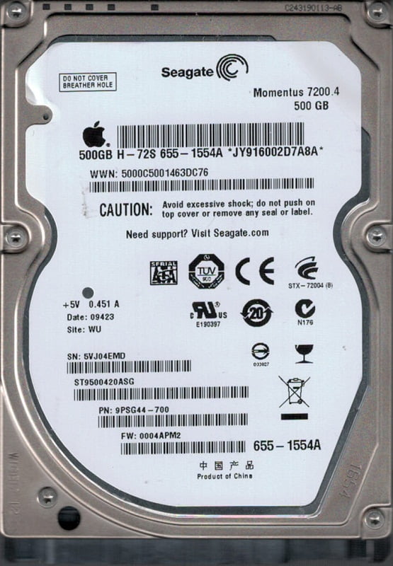 ST9500420ASG P/N: 9PSG44-700 F/W: 0004APM2 WU 5VJ MAC 655-1554A Seagate ...