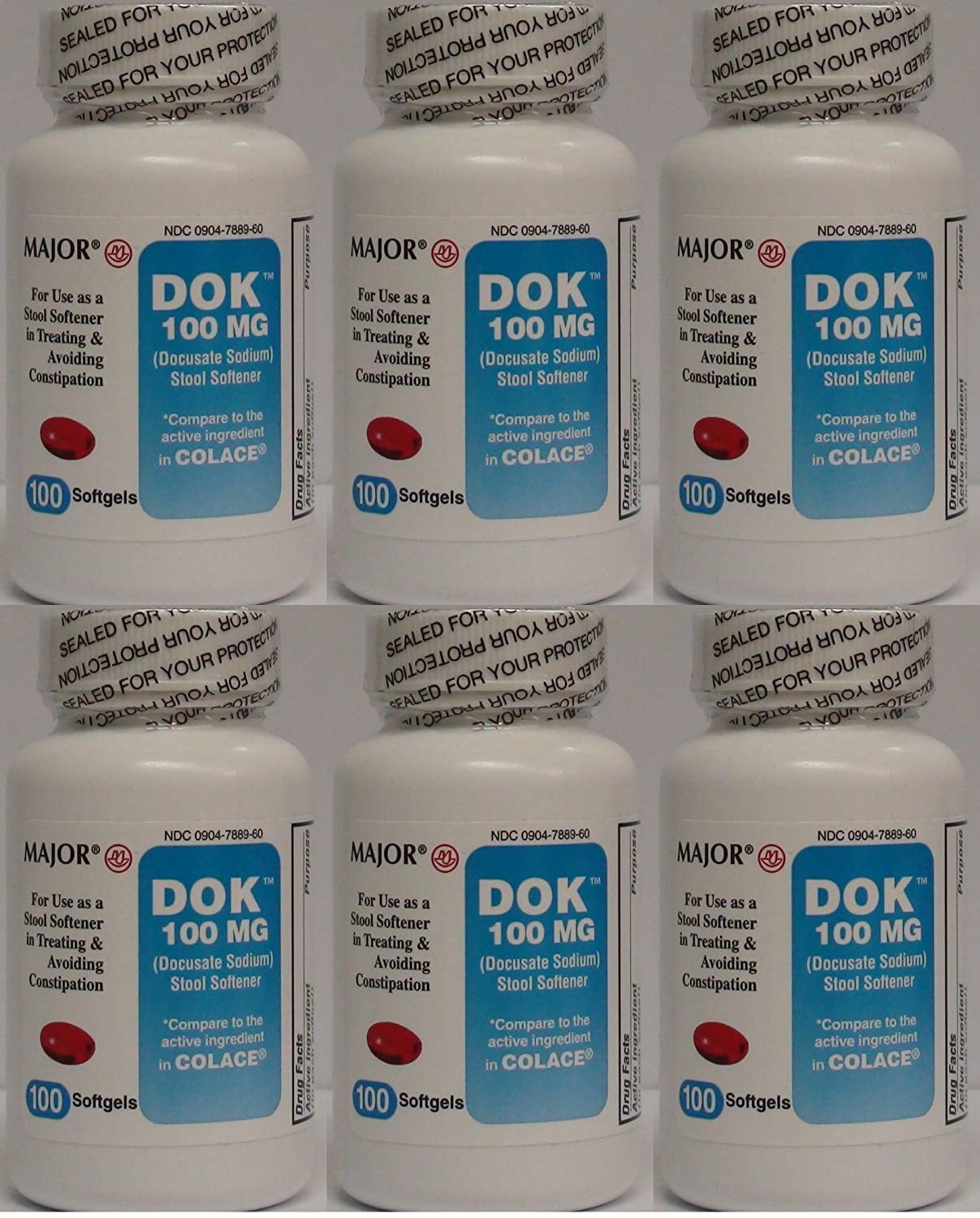 6-Pack Major Docusate Sodium 100 mg Softgels (Set of 6 Bottles of 100 ...