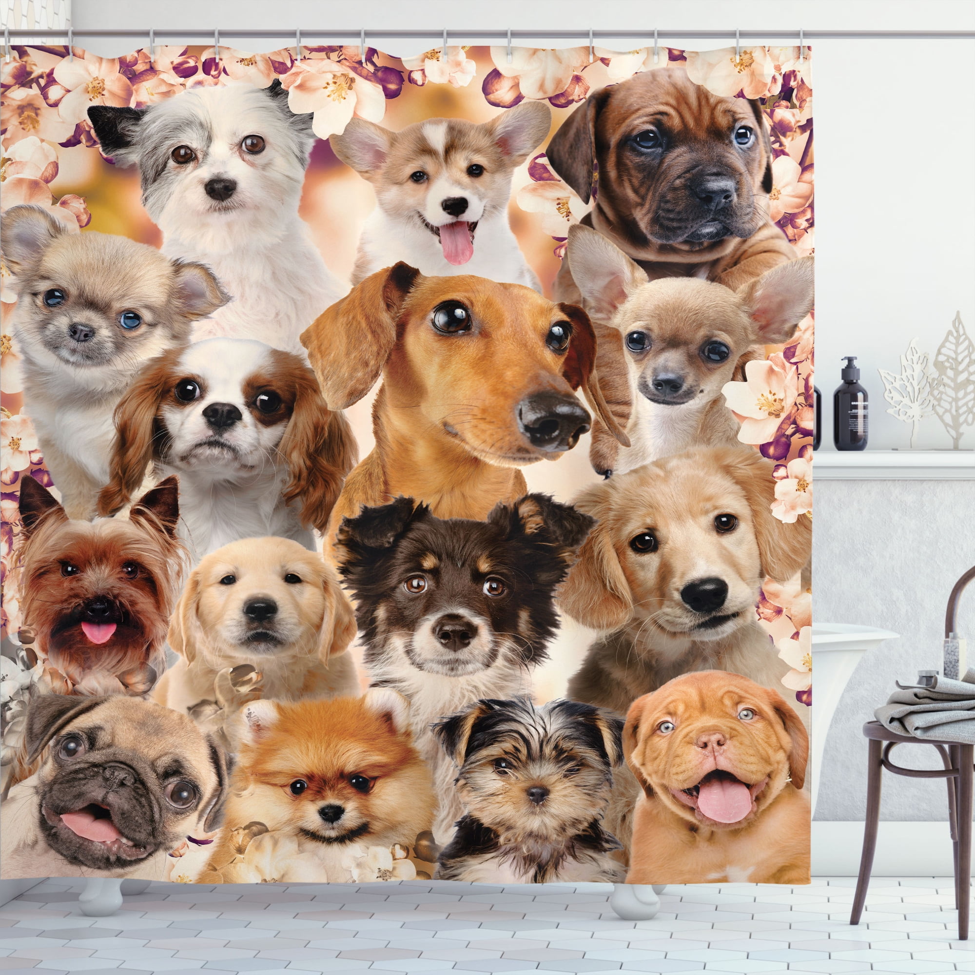 Ambesonne Animals Shower Curtain, Domestic Pet Pug Dog Puppy, 69"Wx70"L ...