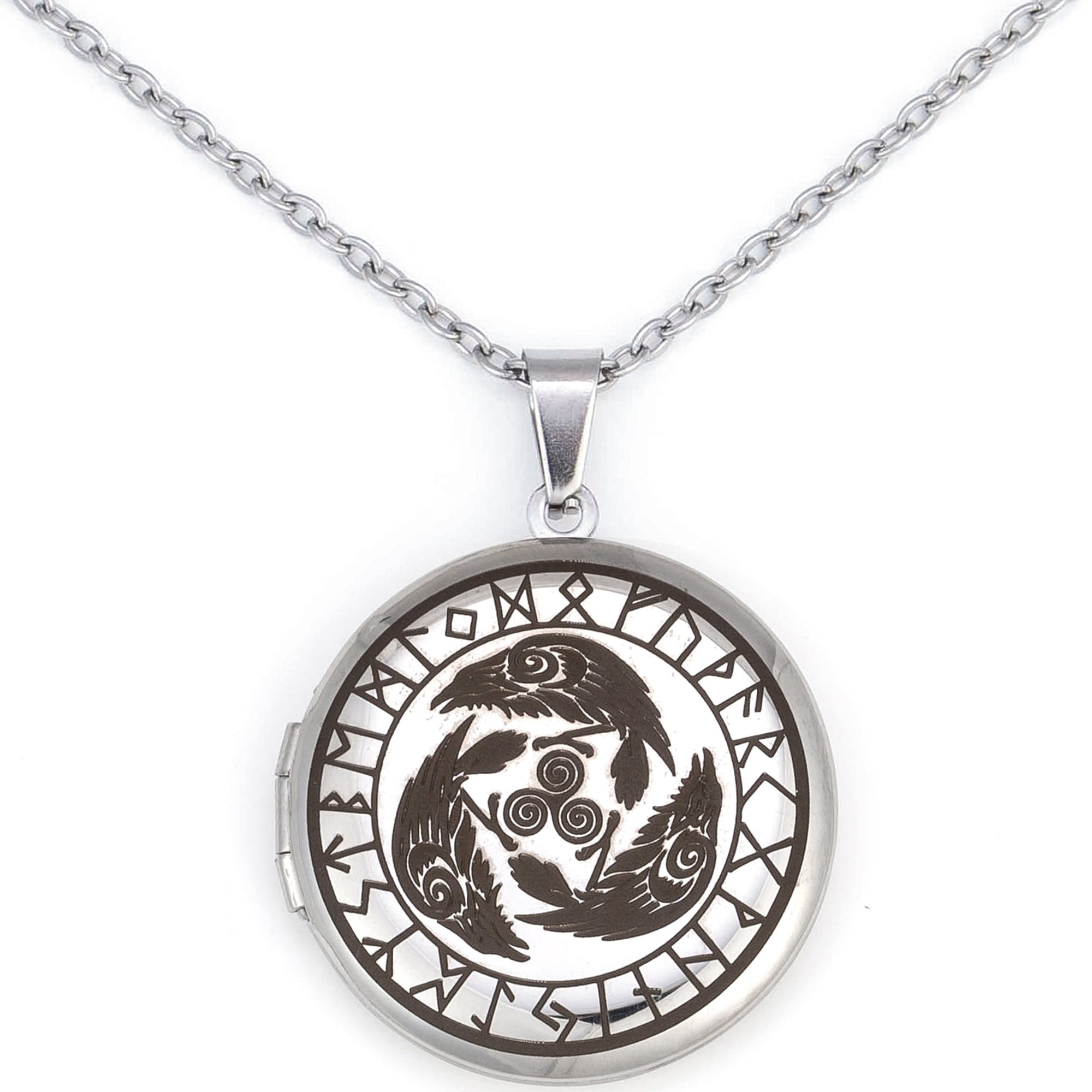 Viking Crow with Runes Words Memory Locket Silver Necklace for Women ...