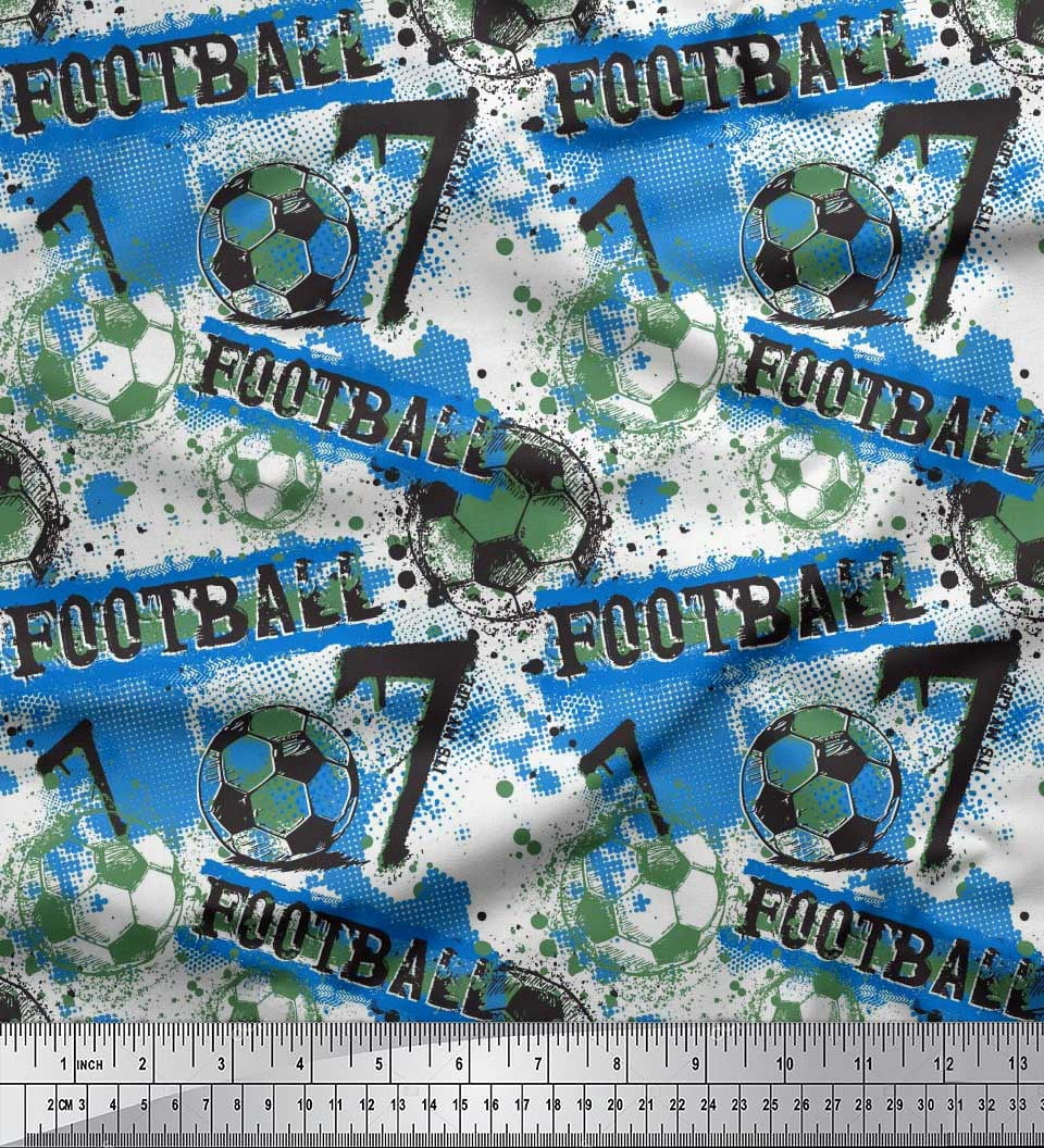 Soimoi Blue Satin Silk Fabric Brush Stroke & Football Men Print Fabric ...