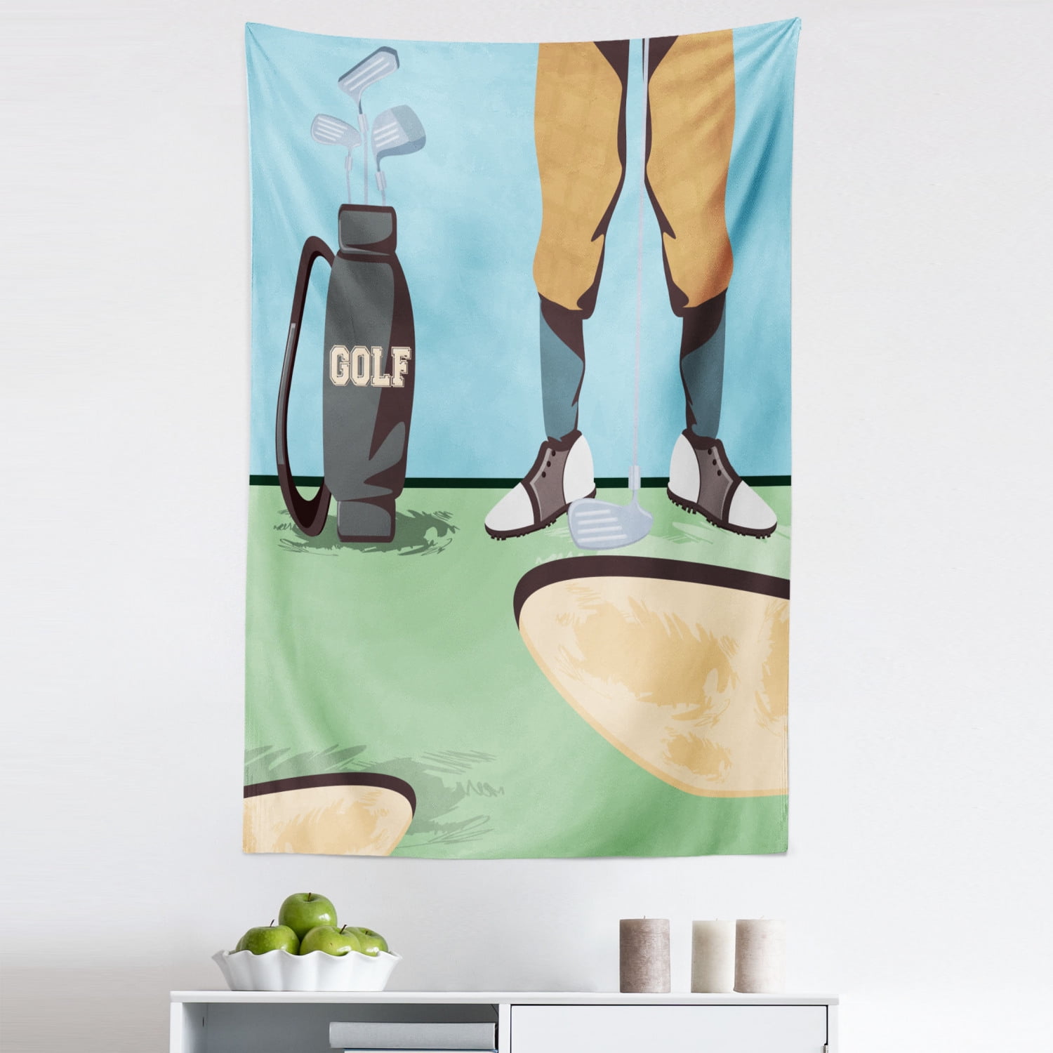 Golf Course Scene Tapestry, Golfer Man Feet with Lofter and Bag Cartoon ...