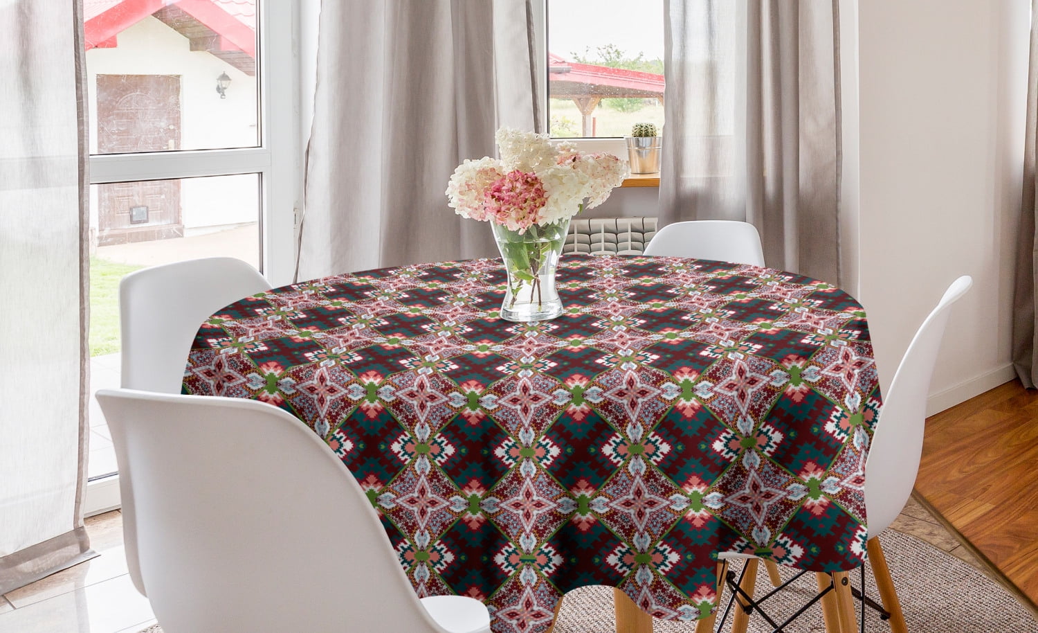 African Round Tablecloth, Abstract Composition with Indigenous Elements ...
