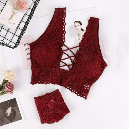 Lace Cross Belt Hollow Bra Lingerie Bra Set Lace Wire Free Bra and ...