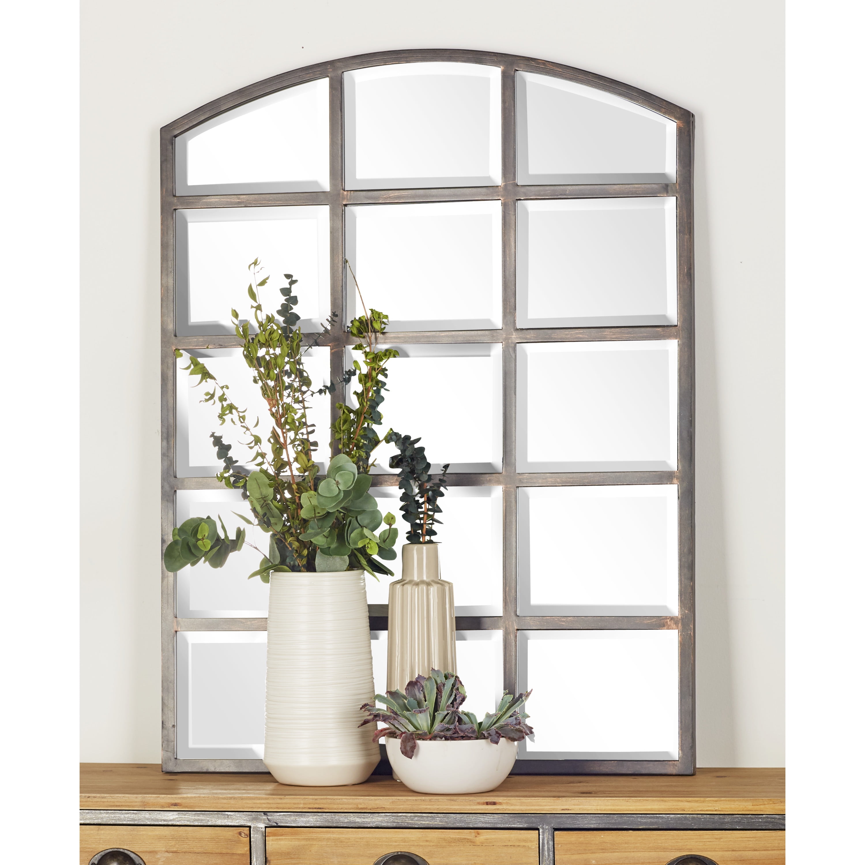 DecMode Industrial Metal Arched Window Pane Shape Wall Mirror with Dark ...