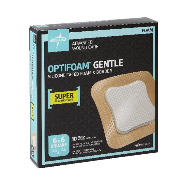Medline Optifoam® Gentle Silicone-Faced Foam & Border Dressings, 6" x 6", Natural, Box Of 10 ...