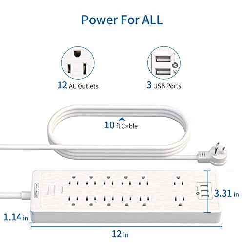 Cable de extensión de 10 pies, NTONPOWER Flat Plug Power Strip Protect ...