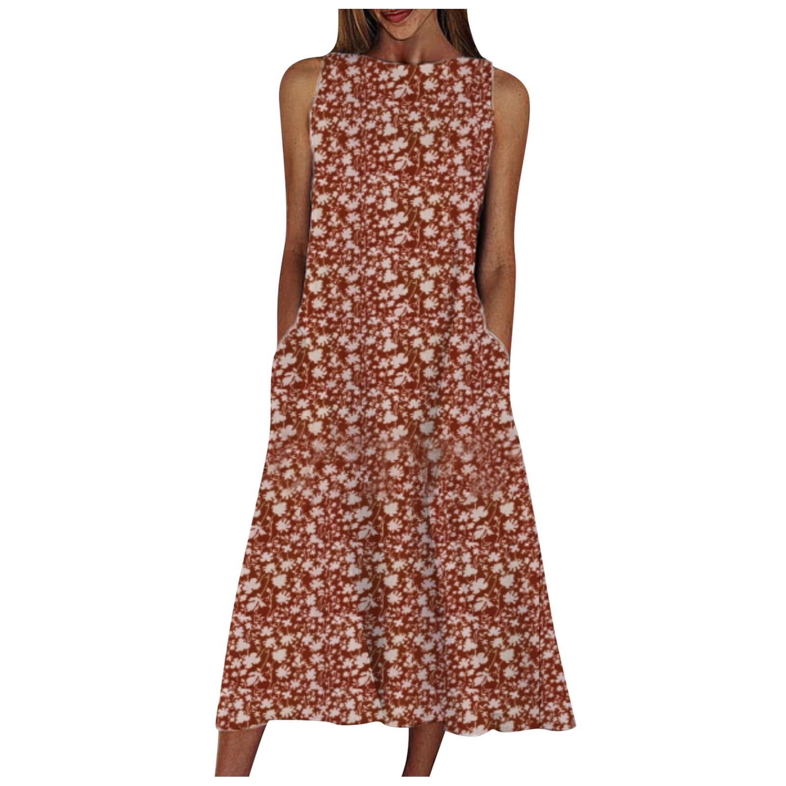 USSUMA Womens Sundresses Summer Casual Boho Pleated Knee Length Swing ...