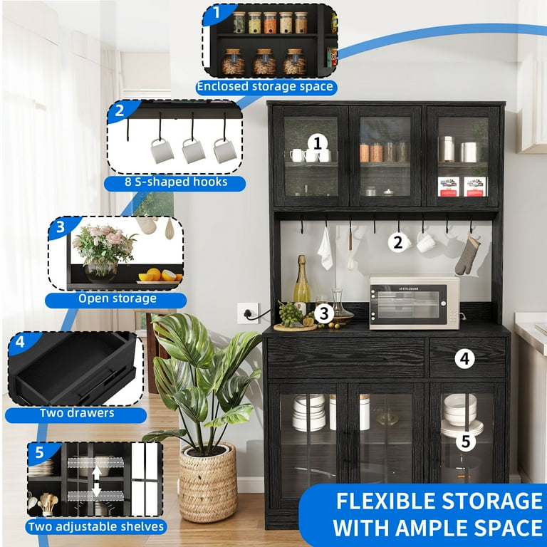 DWVO 71 inch Tall Kitchen Pantry Storage Cabinet with Power Outlet Freestanding Cupboard Storage Buffet Hutch with Microwave Stand Storage Pantry