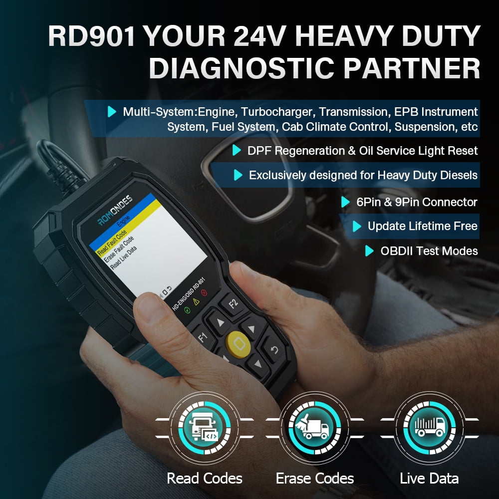 Buy Heavy Duty Truck Scanner, Romondes RD901 OBD2/EOBD+ HDOBD Diesel ...