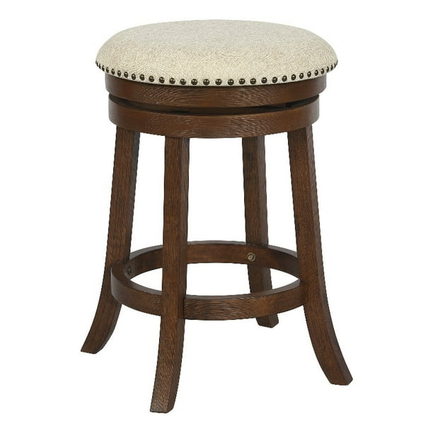 Backless Round Swivel Stool in Beige Fabric and Dark Walnut Finish ...