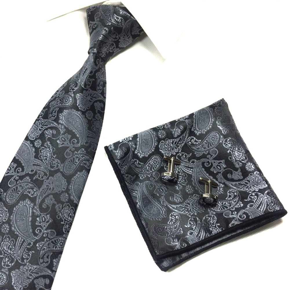 Men Tie Handkerchief Cufflink Set Polyester Silk Wedding Party Business ...