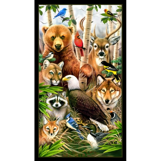 24" X 44" Panel Animals Woodland Animals Raccoon Foxes Eagles Bear Deer ...
