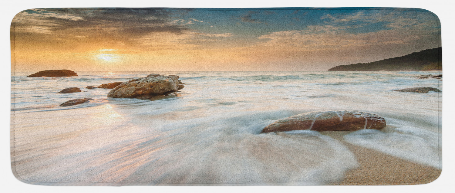 Beach Kitchen Mat, Grand Sea Waves on Beach and Horizon Sky Holiday ...